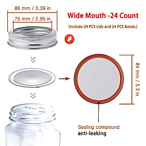 48Pcs Wide Mouth Canning Lids and Rings Mason jar lids Reusable Leak Proof Split-Type Silver Lids with Silicone Seals Rings (86mm)