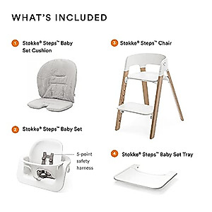 Stokke Steps Complete - Natural Legs, White Seat & Grey Cushion - 5-in-1 Seat System - Includes Baby Set, Tray & Cushion - for Babies 6-36 Months - Chair Holds Up to 187 lbs - Tool Free & Adjustable