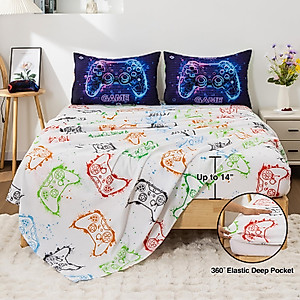 A Nice Night 5Pcs Gaming Comforter Set,Blue Purple 3D Game Contoller Themed Printing Bedding Sets for Kids Teen Boys, Reversible Comforter for All Seasons,Twin