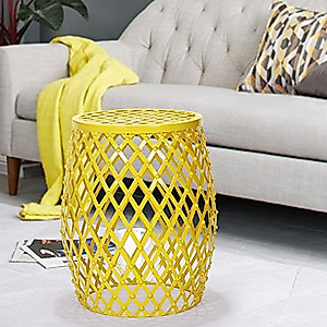 Adeco Hatched Diamond Pattern, for Indoor Outdoor Home Garden Accent Round Iron Metal Stool Side End Table Plant Stand Chair, Yellow