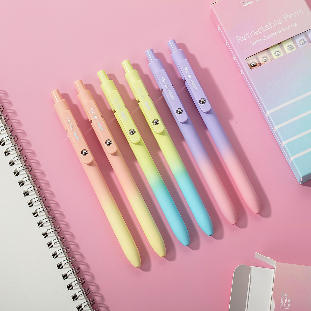 Mr. Pen- Retractable Gel Pens, 6 Pack, Gradient Color Barrels, Black Gel Pens, Fast Dry, Gel Pens Fine Point 0.5mm, Retractable Pens, Cute Pens, Gel Ink Pens, Aesthetic Pens for Journaling