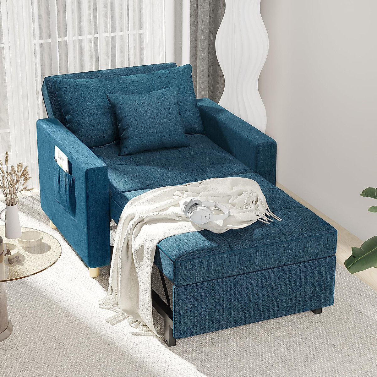 Esright 40 Inch Sleeper Bed 3-in-1 Convertible Futon Chair Multi-Functional Sofa Adjustable Reading Sofa with Modern Linen Fabric, Royal Blue