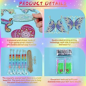 6 Pcs Diamond Painting Suncatcher Wind Chime Double Sided Diamond Painting Hanging Ornament 5D Crystal Butterfly Heart Hummingbird Suncatcher for Kids Adults Home Garden Art DIY Craft (Elegant Style)