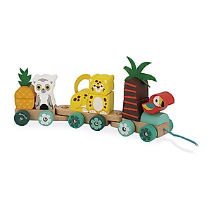 Janod - Tropik Tropical Pull-Along Train - 11 Pieces and 3 Cars - Ages 1 Year + J08272