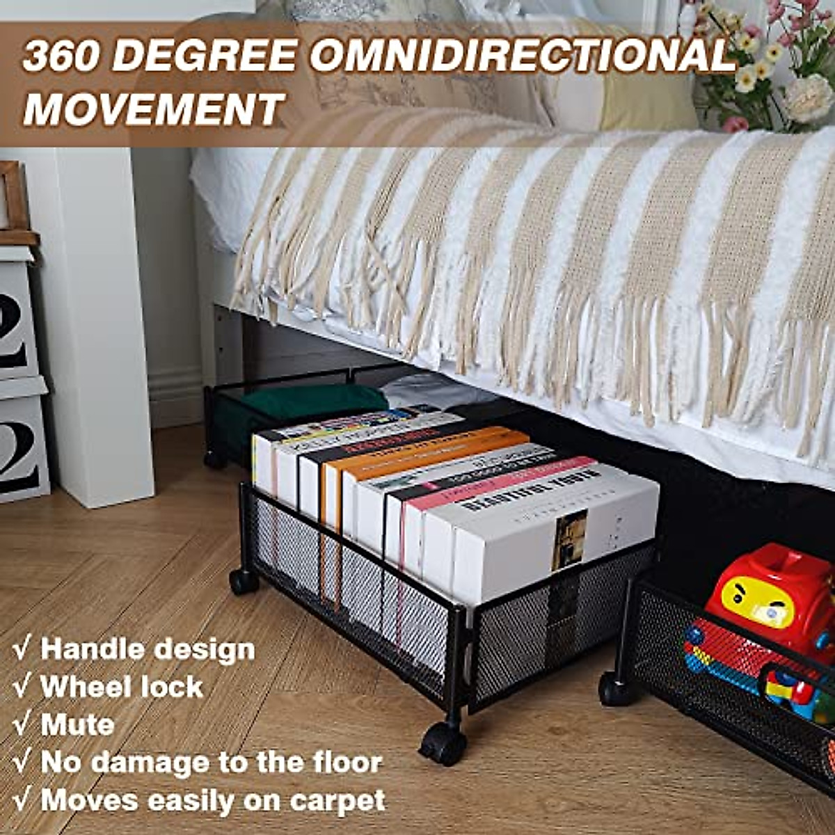 Yoz&Papa Under Bed Storage Containers, Under Bed Storage With Wheels, Tool-free Assembly Metal Underbed Storage Containers With Dustproof Storage Bag For Clothes, Shoe Organizer Under Bed Drawer (Black(1 Pack))