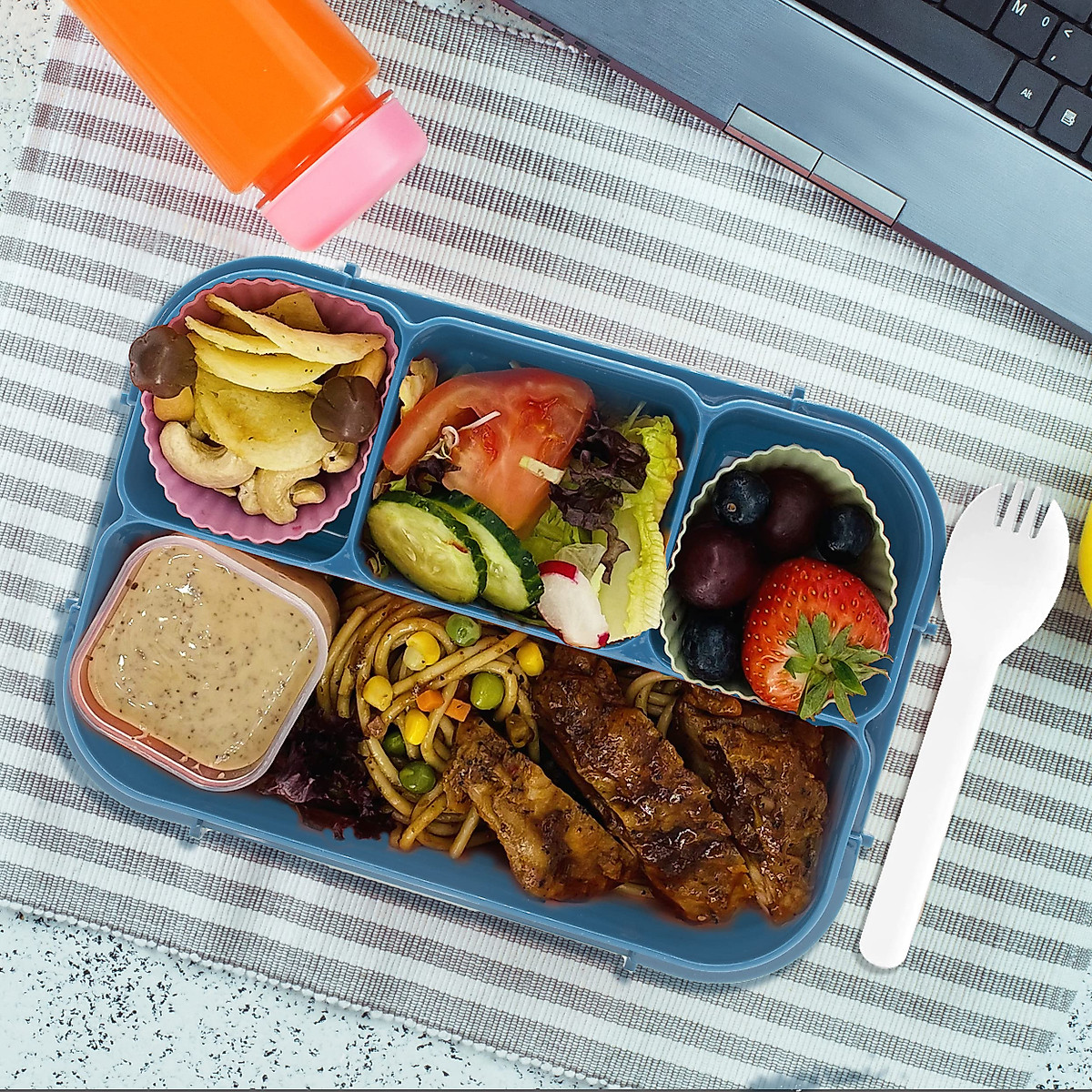 HappyRhino Bento Lunch Box for Kids Adult,4 Compartment Bento Box Adult Lunch Box Containers,Kids Lunch Box with Fun Accessories Silicone Food Cake Cups, Cute Food Picks for Kids,Easy to Clean (BLUE)