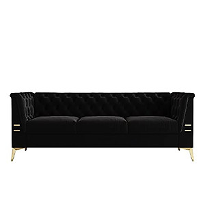 LaiBiKe Mid Century Velvet Couches 83" 2 Seater Living Room Sofa Comfortable Black Couch Solid Wood Frame Metal Legs for Guest Room Playroom Bedroom(03-Black-83)