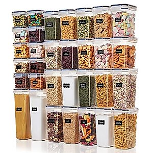 Vtopmart 32pcs Airtight Food Storage Containers Set, BPA Free Plastic Kitchen and Pantry Organization Canisters with Lids for Cereal, Dry Food, Flour and Sugar, Includes 32 Labels