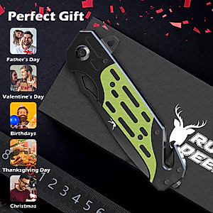 Rush Deer Pocket Knife, Folding Knife with Clip, Glass Breaker, Seat belt Cutter. Unique Fathers Day Gift for Dad. Cool Small EDC Knife for Survival Hiking etc. Gifts for Men Women