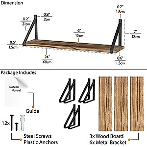 Wallniture Bora Floating Shelves for Wall, 24"x6" Bathroom Storage Shelves, Rustic Wood Shelf Set of 3, Burned Finish