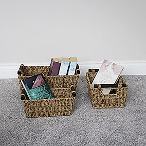 JVL Seagrass Set of 3 Tapered Storage Baskets with Wooden Handles