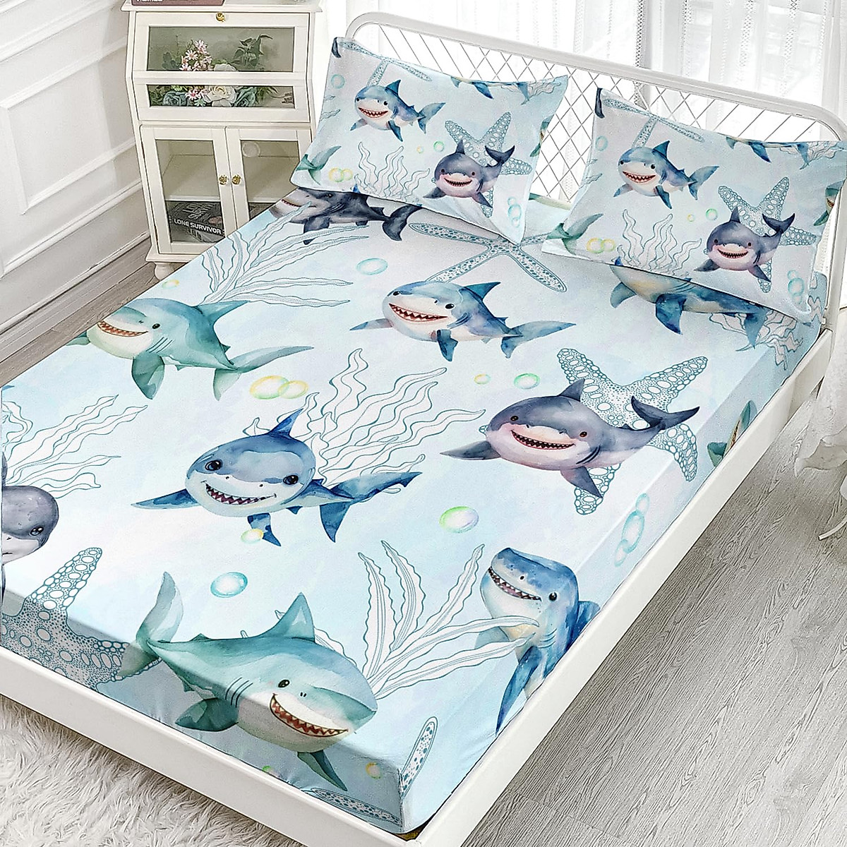 AILONEN Shark Fitted Sheet Set Twin Size, Ocean Shark Bed Sheet Set for Boys Kids,Blue Starfish Shark Fitted Sheet with 2 Pillowcases,3 Pieces Bed Sheet Set