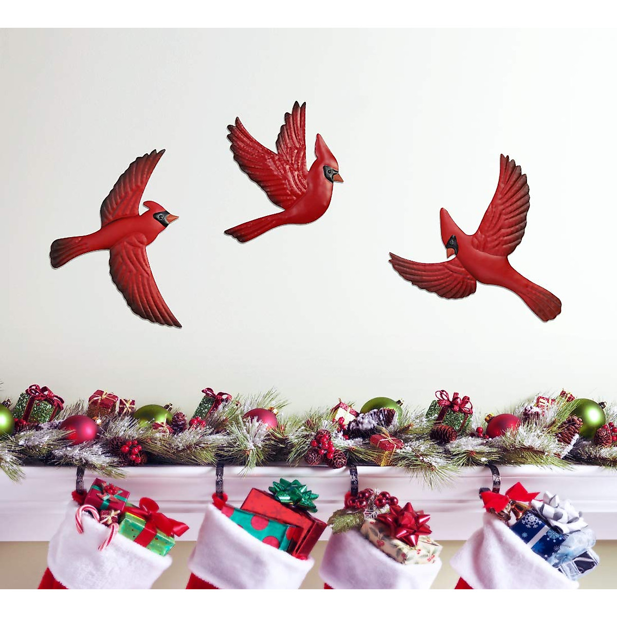 FANWNKI Red Metal Birds Cardinal Set of 3 Wall Art Decor Sculptures Hanging for Christmas Outdoor Indoor Home Garden Porch Fence