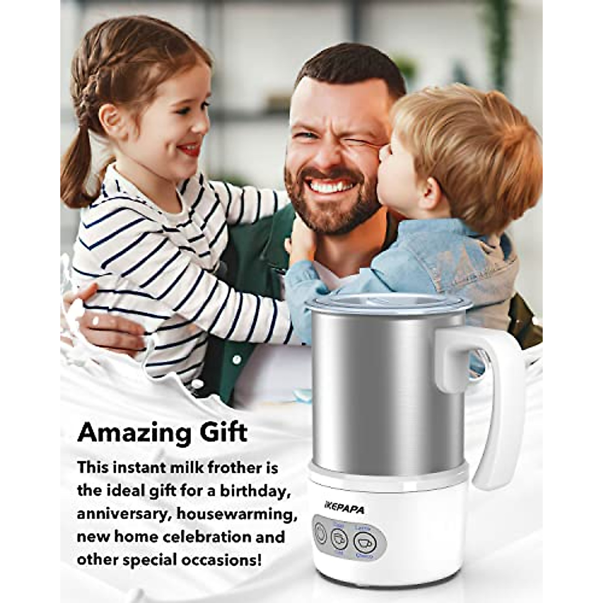 iKEPAPA Milk Frother – Electric Milk Frother and Steamer for Home – 13.5oz/380ml Large Capacity – 5-in-1 Functions with Heating and Frothing – Ideal for Latte, Cappuccino, Chocolate, Hot Milk, 500W