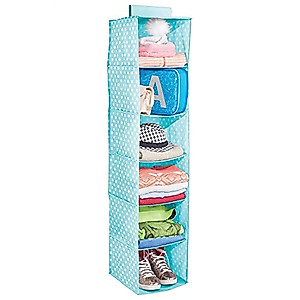 mDesign Soft Fabric Over Closet Rod Hanging Storage Organizer with 6 Shelves for Child/Kids Room or Nursery - Polka Dot Pattern - 2 Pack - Turquoise Blue with White Dots