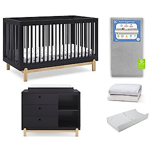 Delta Children Poppy Crib 6-Piece Baby Nursery Furniture Set–Includes: Convertible Crib, Dresser, Changing Top, Crib Mattress, Sheets, & Changing Pad, Midnight Grey w/Natural