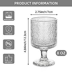 Vintage Romantic Wine Glasses Set of 4, Charming Embossed Floral Decorative Glass Cups Set, Mixed Drink Glasses, for Bars, Restaurants, Party, and Elegant Dinners, 8 oz Goblet Glasses