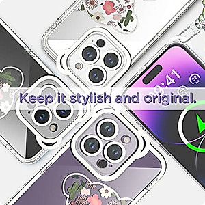 AICase for iPhone 14 Pro Max Case Cute for Women Girl, Bear Floral Flowers Girly Clear Kawaii Phone Case with Bracelet Wrist Strap Chain and Camera Protection Pretty Trendy Protective Cover