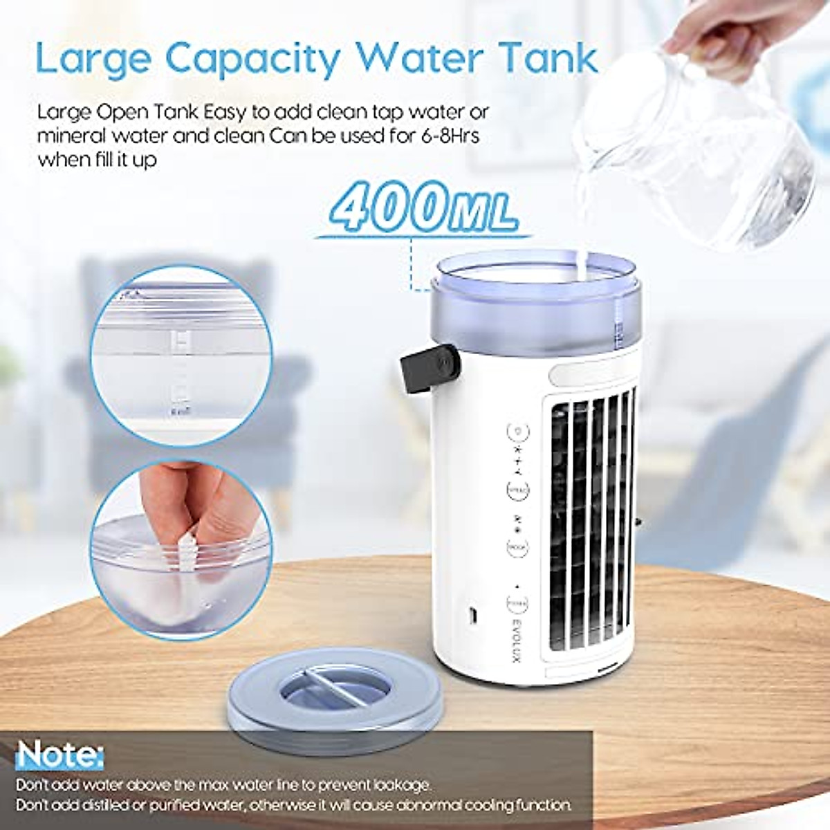 Small Portable Air Conditioners for Car, 400 ML Mini Personal Portable Water Air Cooler with 7 Color LED Light, White AC Fans that Blow Cold Air Rechargeable