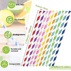 [300 Pcs] Biodegradable Individually Wrapped Paper Straws - Disposable Colorful Eco-Friendly Paper Drinking Straws(7.75"longX0.25"diameter)