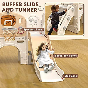 XJD 8 in 1 Toddler Slide, Kids Slide for Toddlers Age 1-3, Toddler Play Climber Slide Playset with Basketball Hoop and Ball,Toddlers Outdoor Indoor Playground (Beige Coffee)