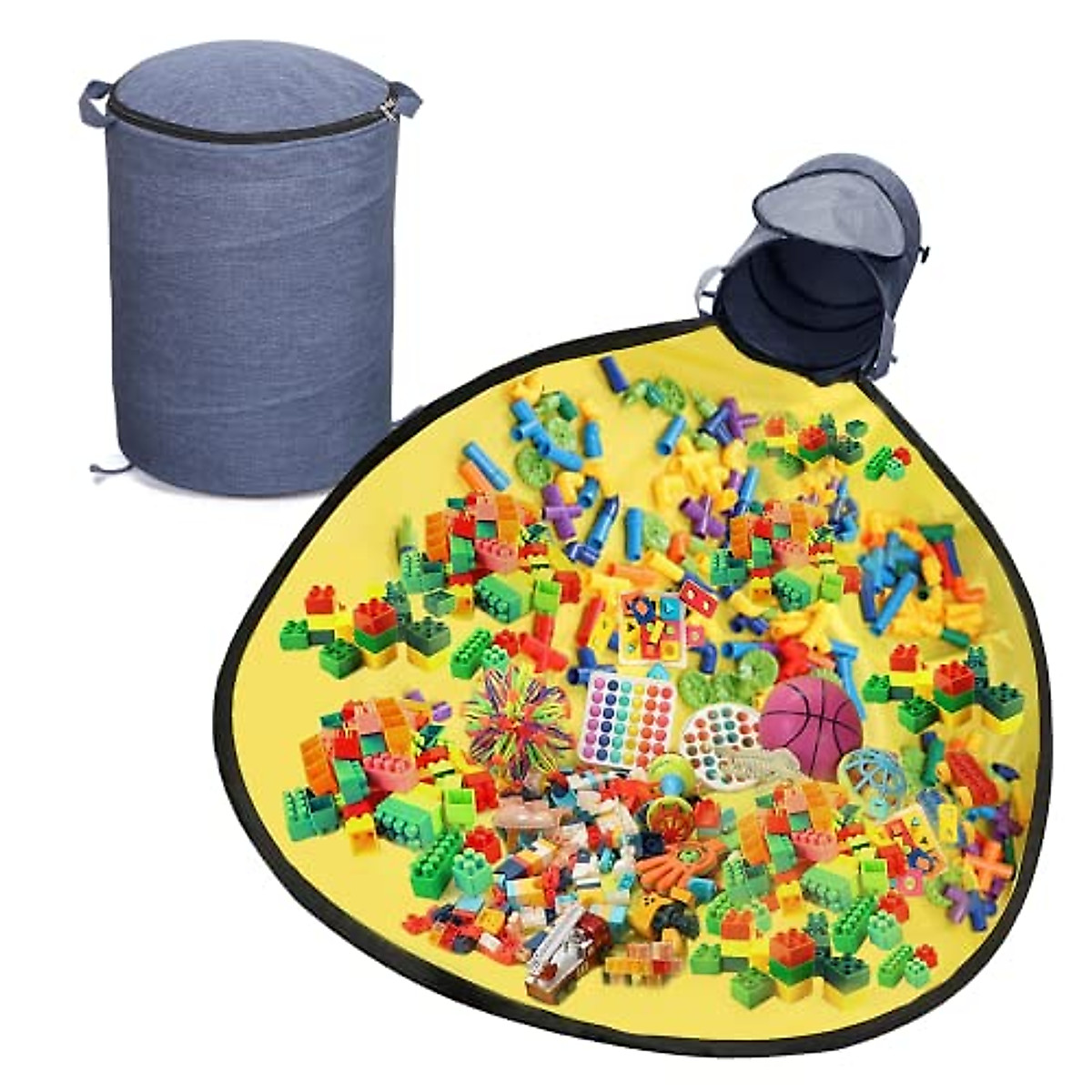 Toy Storage Organizer and Play Mats,Large Toy Basket Toy Storage Bags for Foldable Canvas Basket,Toy Clean Up & Storage Container SuitableWashable Drawstring Play Mat,Suitable for Small Toys (Blue)