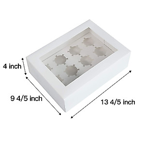 ONE MORE 15-Pack White Cupcake Boxes 12 Holders Cake Carrier Food Grade Pop-up Bakery Boxes 13.8 x 9.5 x 4inch with Inserts and PVC Windows Fits 12 Cavity Cupcake Pack of 15