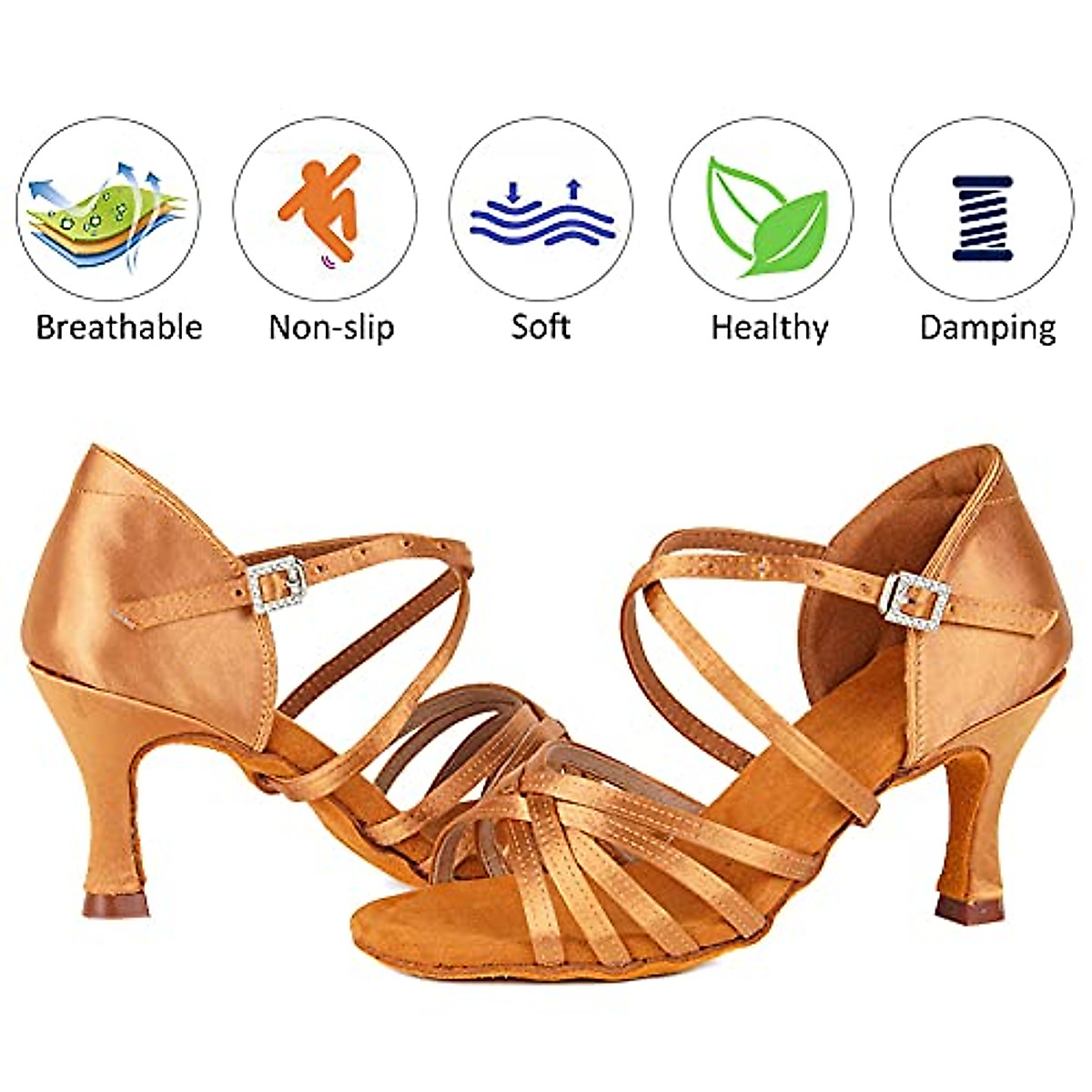 DKZSYIM Women's Satin Latin Dance Shoes Professional Ballroom Salsa Practice Performance Dancing Shoes,213-ZS-Brown-7.5,US 9