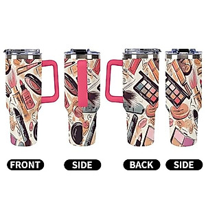 40 Oz Vacuum Tumbler with Light Rose Red Handle Leakproof Insulated Tumbler Cosmetic And Makeup Theme Pattern Stainless Steel Travel Mug with Lid And Straw Coffee Cup Cute Water Bottles Cup Holder Fri