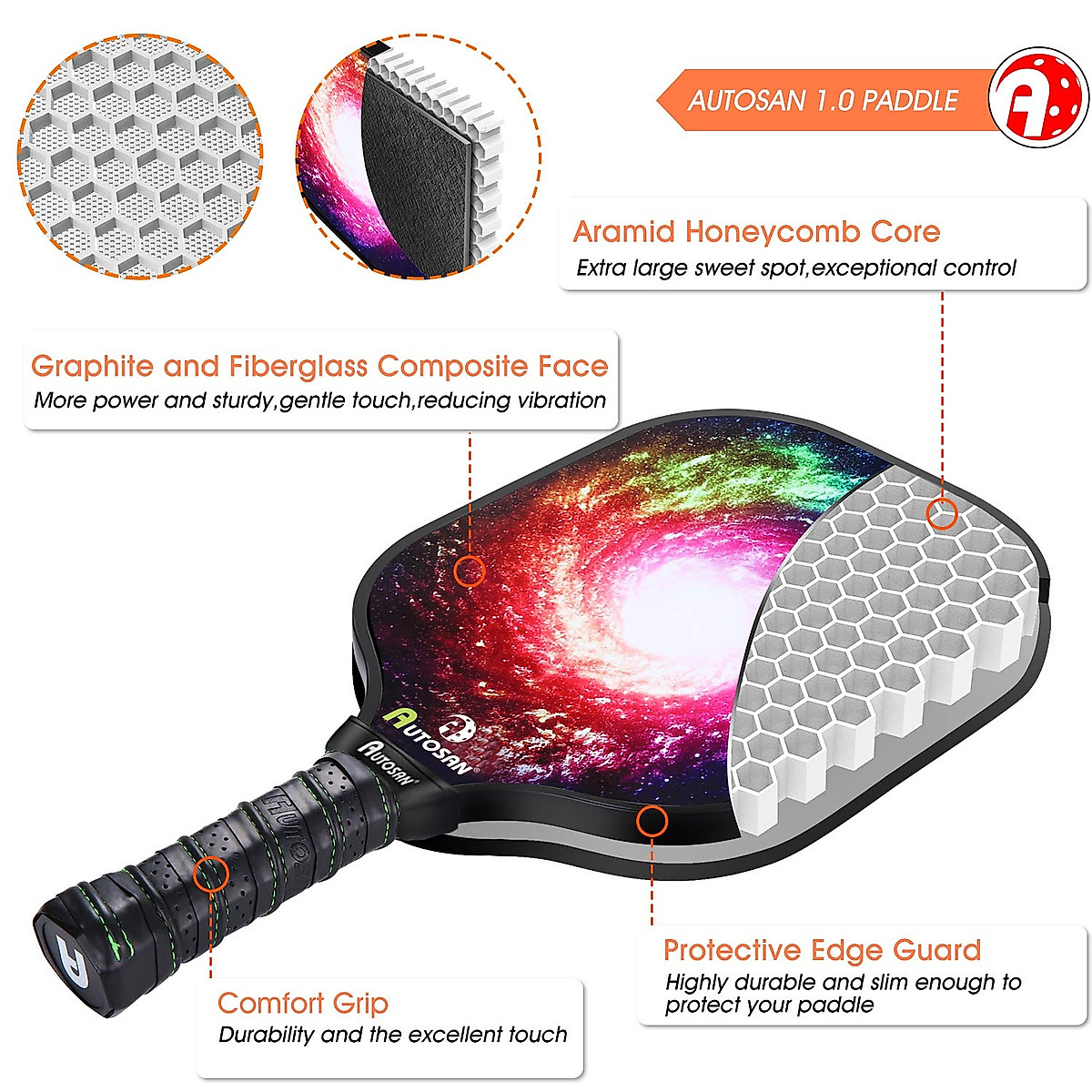 AUTOSAN Pickleball Paddle Graphite and Fiberglass Composite Face & Aramid Honeycomb Core,EdgeSentry Protect Pickleball Paddle with Cover,Rule Ebook,Lightweight 7.2-7.5OZ,Indoor Outdoor,Kid,Men Women