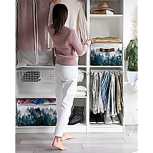 Green Forest Storage Basket for Shelves, Spring Summer Botanical Natural Scenery Storage Cube Fabric Storage Bins, Closet Organizers with Handles for Book, Toys, Cloth, 15"x11"x9.5", 1 Pack