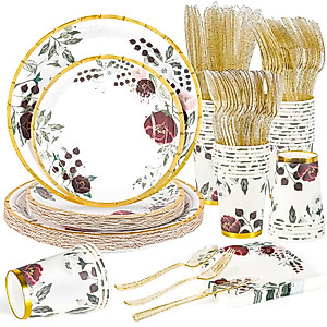 350 Pcs Red Floral Party Supplies Set, plates, napkins, cups and gold plastic cutlery set for 50 Guest for Bridal Shower, Baby Shower, Birthday,Wedding,Bachelorette party Supplies