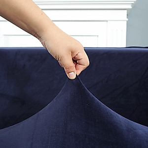TOPCHANCES Thick Velvet Sofa Cover,Stretch Sofa Covers Slipcovers with Non Slip Elastic Straps Furniture Protector Cover, Couch Slipcover for Living Room Dogs Cat Pet (Navy Blue, 4 Seater)