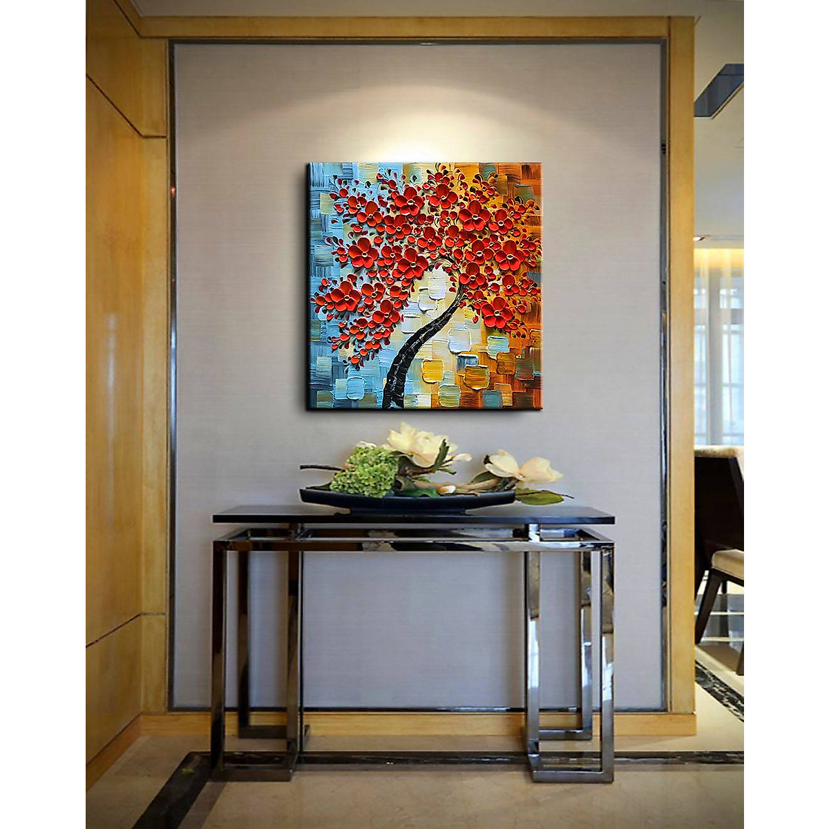 YaSheng Art -Modern Abstract Painting 3D Red Flowers Oil Painting On Canvas Tree Paintings Home Interior Decor Wall Art for living room Bedroom Ready to hang 24x24inch