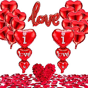 I Love You Balloons and Heart Balloons Kit with 2000 Pcs Dark-Red Silk Rose Petals Wedding Flower Decoration for Valentine Day Party Decorations