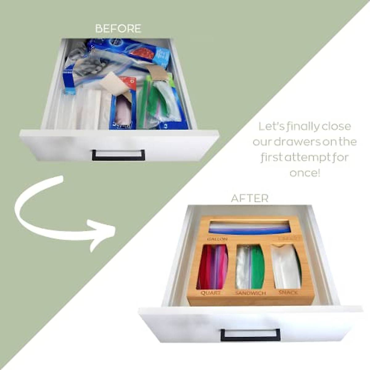 CHEF'S WIFE Ziplock Bag Storage Organizer for the Kitchen Drawer - Eco Friendly Bamboo Plastic Baggie Container - Compatible with Ziploc, Glad, Solimo, Hefty for Snack, Sandwich, Quart & Gallon Sizes