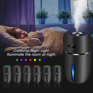 USB Car Humidifier, 200ml Mini Portable Humidifiers with 7 Colors LED Night Light, Quiet Operation, Adjustable Mist Modes for Bedroom Home Baby Office Car(Black)