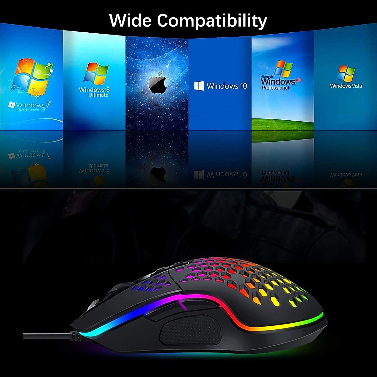 Lightweight Gaming Mouse, Honeycomb USB Wired Mouse with Backlight, 4000 DPI, RGB Computer Gaming Mouse for Mac, Laptop, PC (Black)