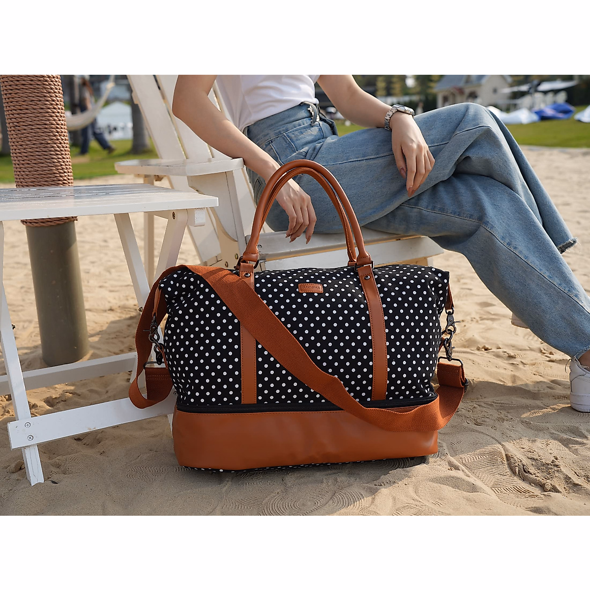 BAOSHA HB-28 Ladies Women Canvas Travel Weekender Bag Overnight Carry-on Duffel Tote Bag (Black Dot) 18 x 13 x 8 inch