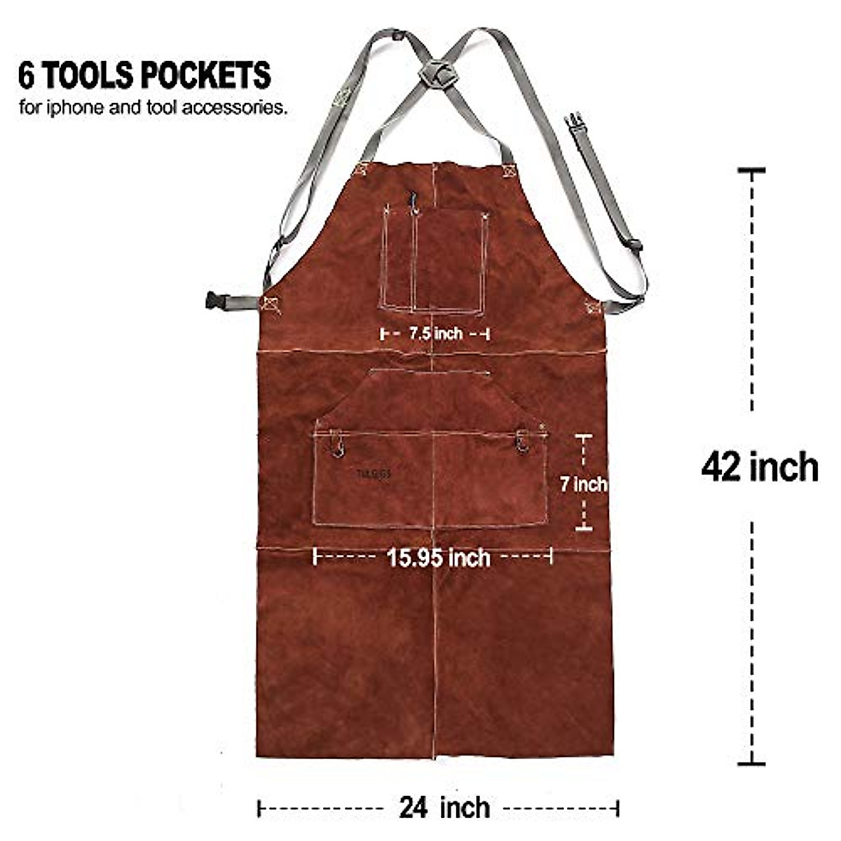 TULGIG's Leather Welding Aprons for Men/Women with Gloves-Adjustable Strap Leather Apron with 6 Tool Pockets-Heat Resistant Heavy Duty Wood Working Apron-Safety Apparel 42 x 24 Blacksmith Apron