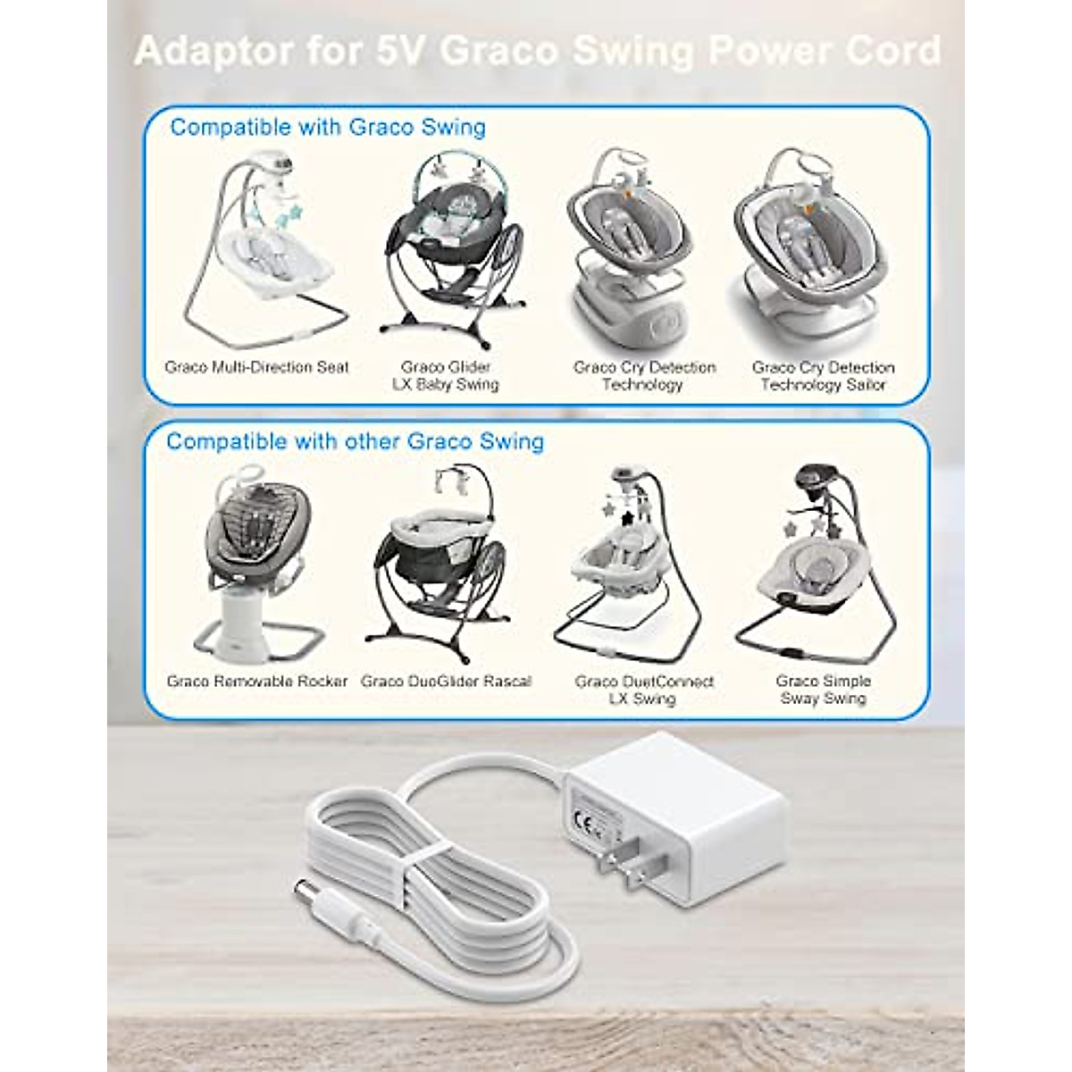 Power Cord for Graco Baby Simple Sway Swing, Replacement Graco Glider LX, Elite, Premier, Petite LX, DuoGlider, Sweetpeace, Duesoothe, Duetconnect LX Baby Swing Charger Cable