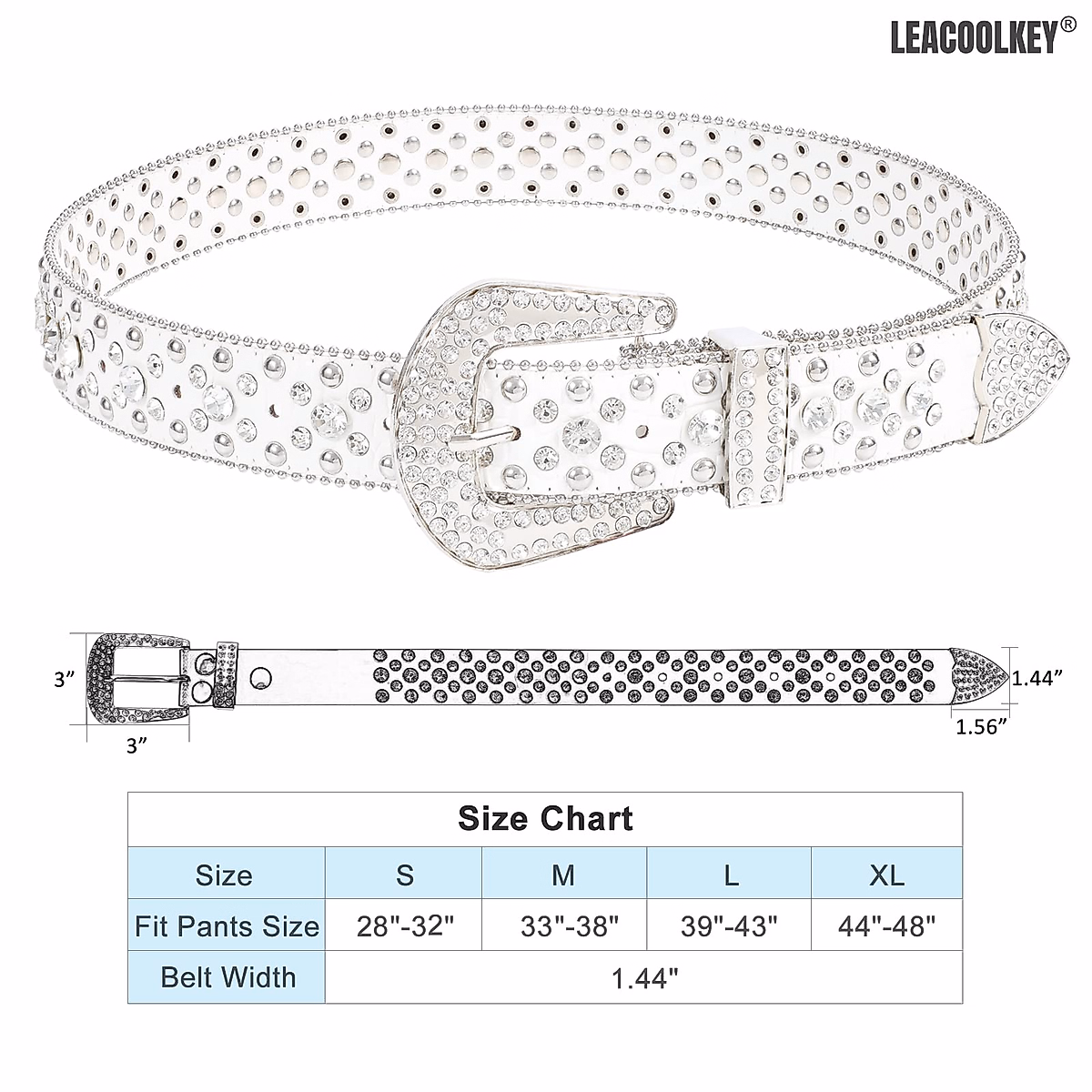 LEACOOLKEY Fashion Rhinestone Belt for Women for Jeans, Western Cowgirl Studded Leather Belt, Ladies Bling Rhinestone Belt