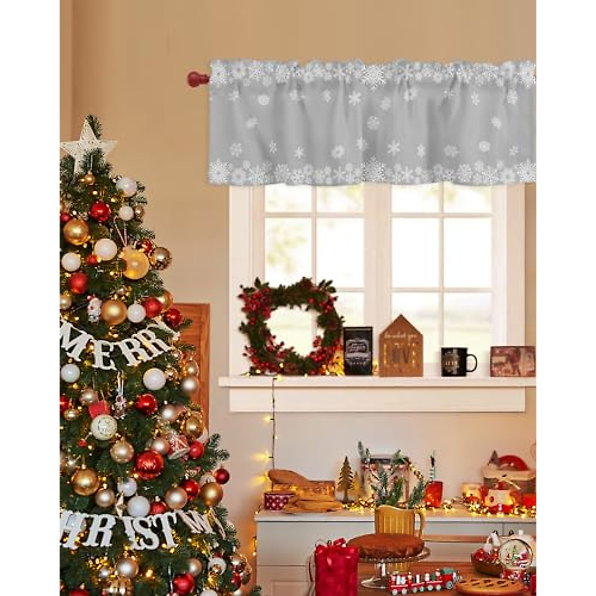 Jacekidy Christmas Snowflakes Valances for Window, Short Kitchen Curtains Valances Rod Pocket Window Valance Curtains for Living Room Bathroom Bedroom Cafe Seasonal Winter Xmas Grey Backdrop 54"x18"