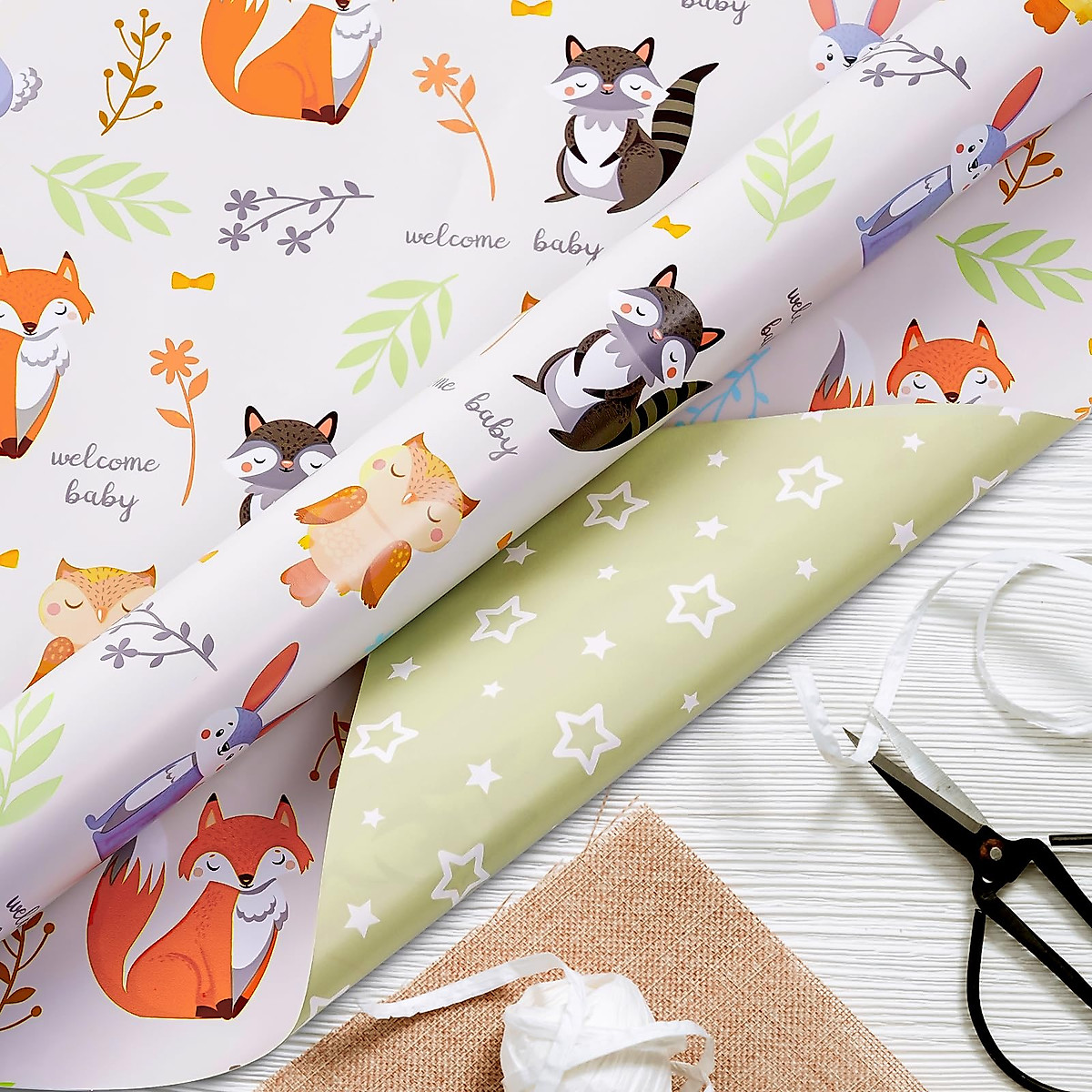 Tyzarglef Reversible Baby Shower Wrapping Paper - Mini Roll for Baby Boys Girls - 17 Inch X 33 Feet - Woodland Animals & Welcome Baby Design for Baby Shower, Birthday Party, Holiday