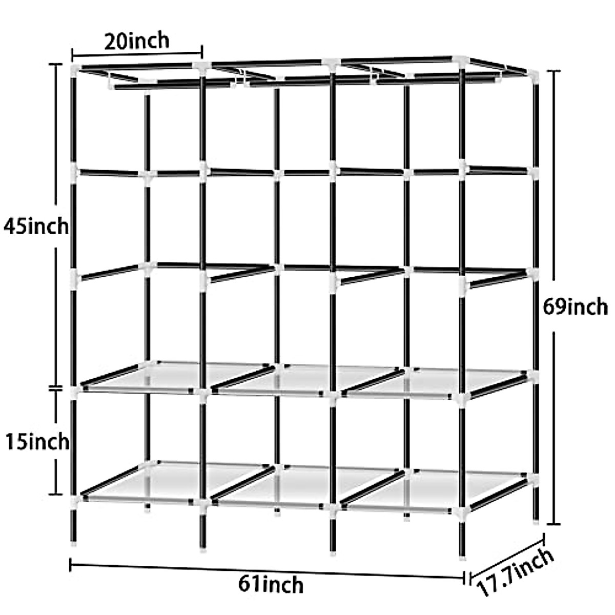LOKEME 61 Inch Bundle with 55.5 Inch Portable Wardrobe Closet, Closet Oraganizr with 5 Hanging rods, Dust-Proof Cover, Non-Woven Fabric