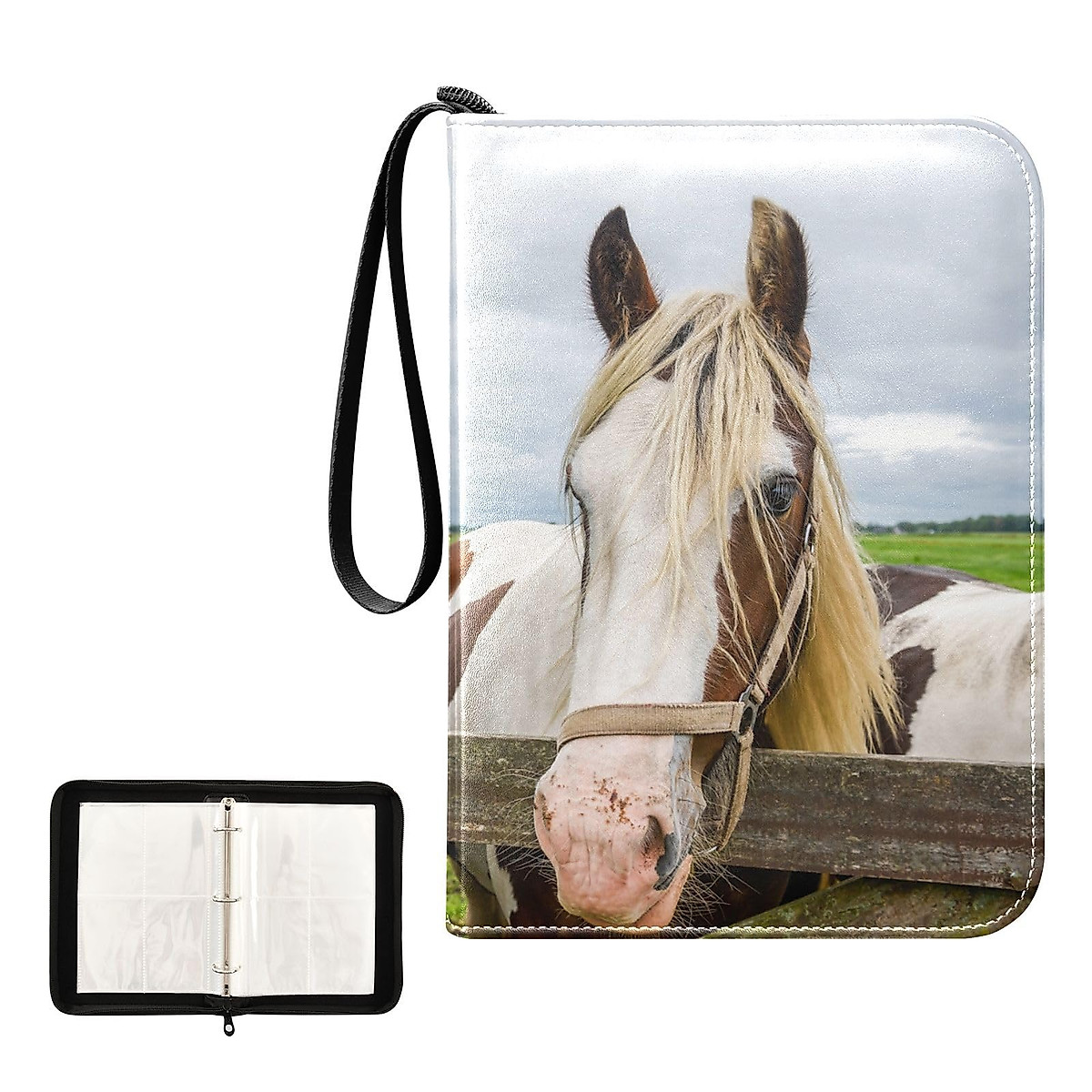 PYBUG Horse Trading Card Binder with Nylon Strap 4-Pocket Waterproof PU Leather Card Collection Binder for 400 Cards Sturdy Card Holder Folders for Game Cards,Sports Cards