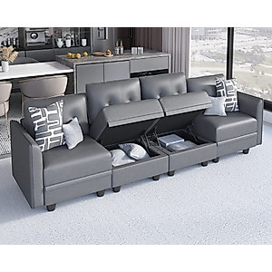 LLappuil Modular Sofa Faux Leather Fabric 102" Sectional Couch 4 Seater with Storage Seat, Modern Sectional Sofa for Living Room, Office, Dark Grey