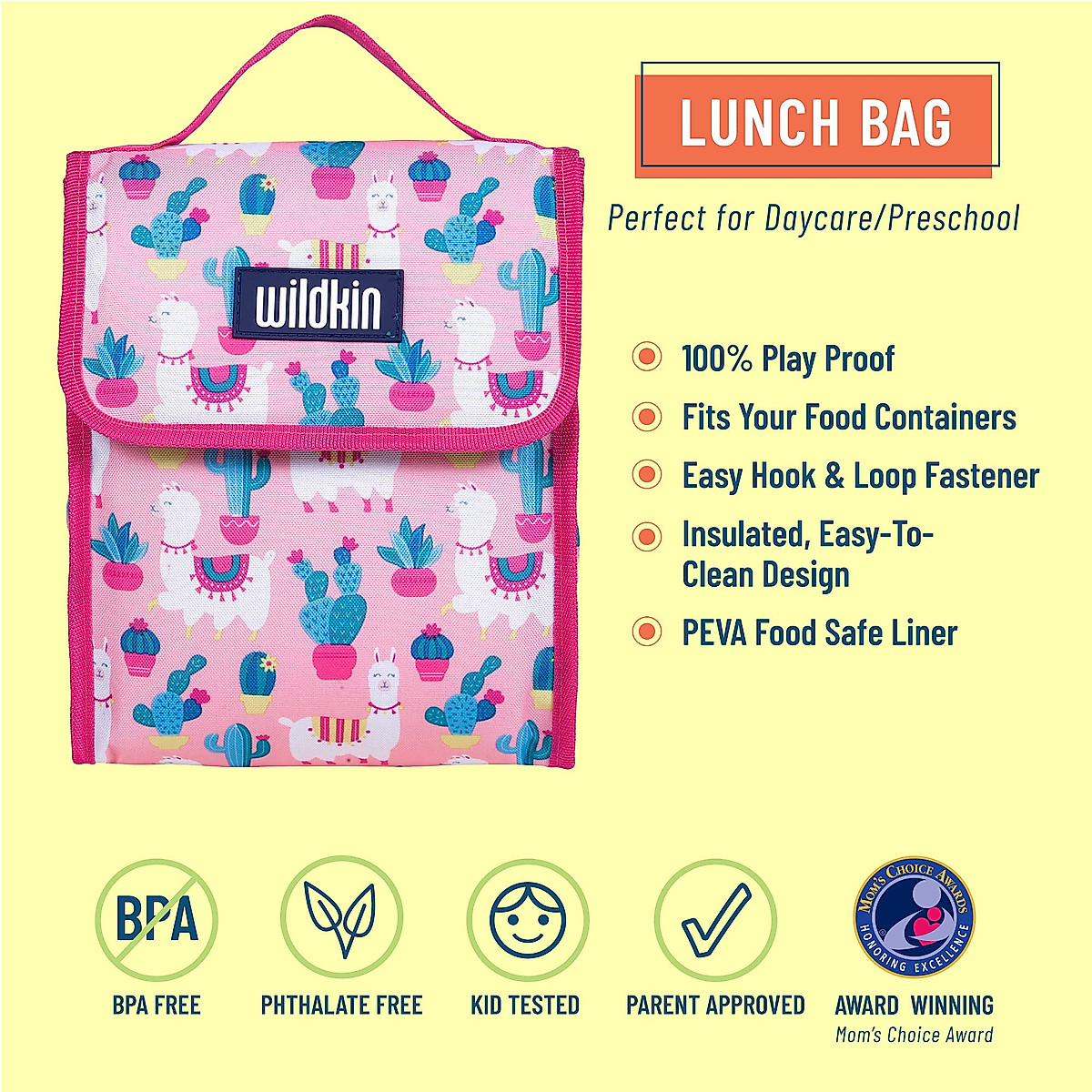 Wildkin 12 Inch Backpack Bundle with Insulated Lunch Bag (Llamas and Cactus Pink)