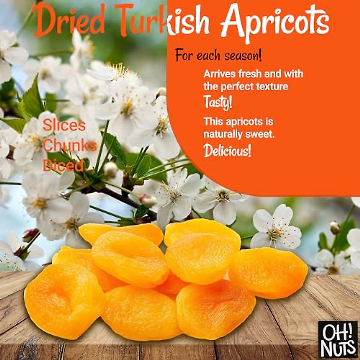 Oh! Nuts Dried Turkish Apricots - 2 LB Bulk | Fresh Dehydrated Natural Apricots, Sundried Unsweetened Dried Fruit for Snacking & Baking | No Sugar Added, All Natural, Non-GMO, Gluten-Free
