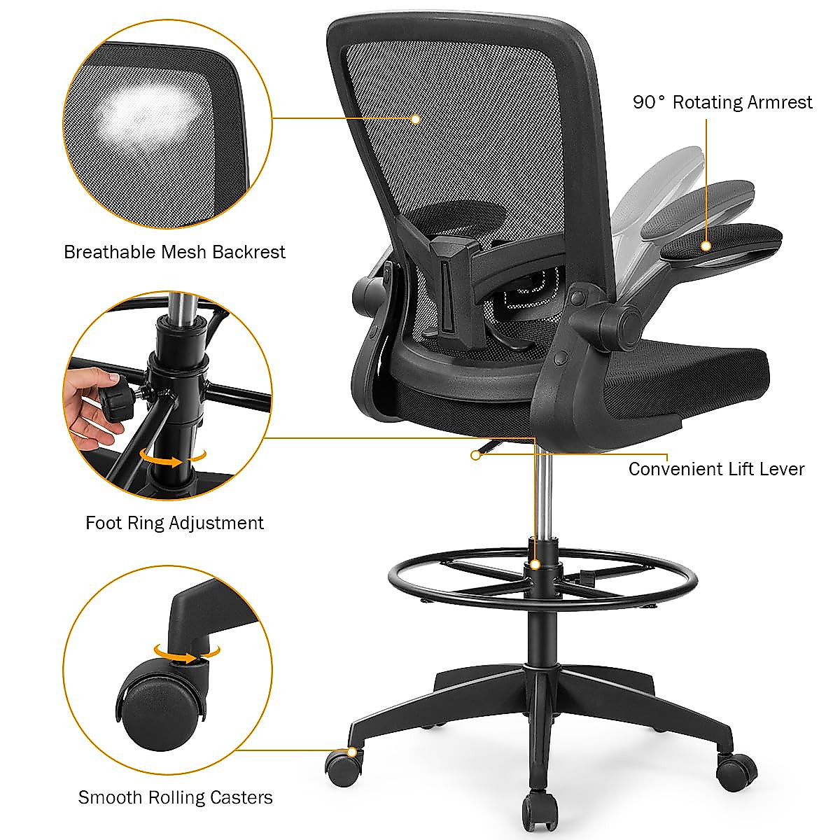Giantex Drafting Chair High Back Office Chairs with Footrest Ring Flip-Up Armrest Height Adjustable Executive Desk Chair Ergonomic Mesh Computer Task Chair Lumbar Support Tall Office Chair (1)